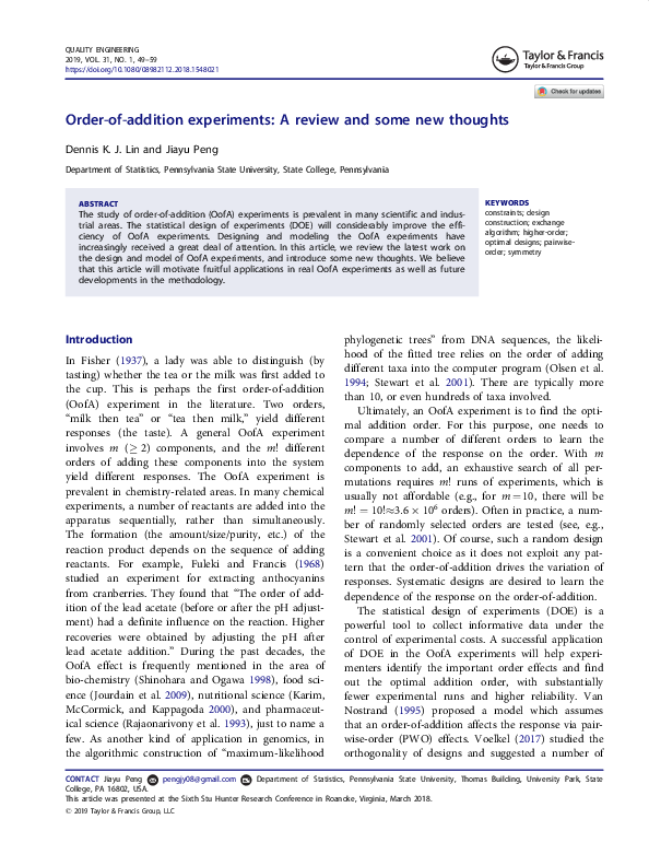 Pdf Order Of Addition Experiments A Review And Some New Thoughts