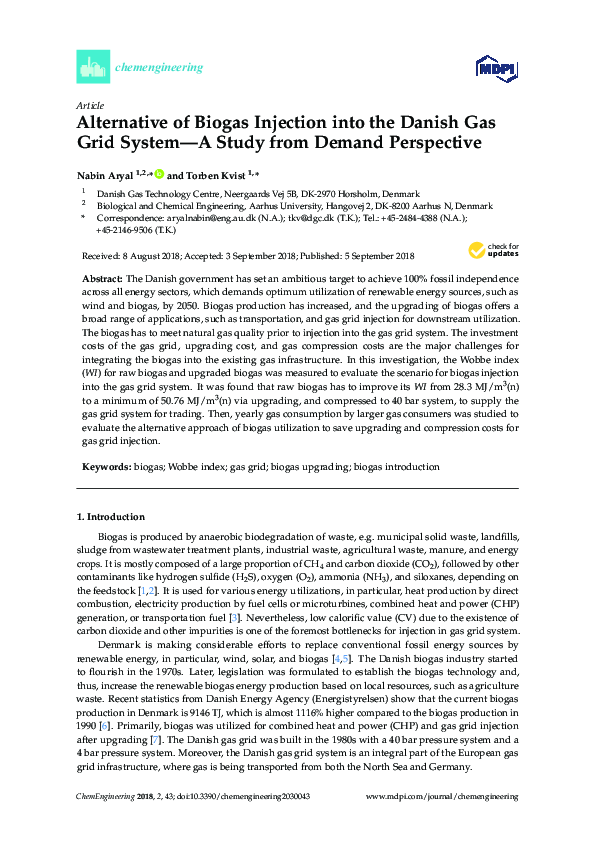 (PDF) Alternative of Biogas Injection into the Danish Gas Grid System—A ...