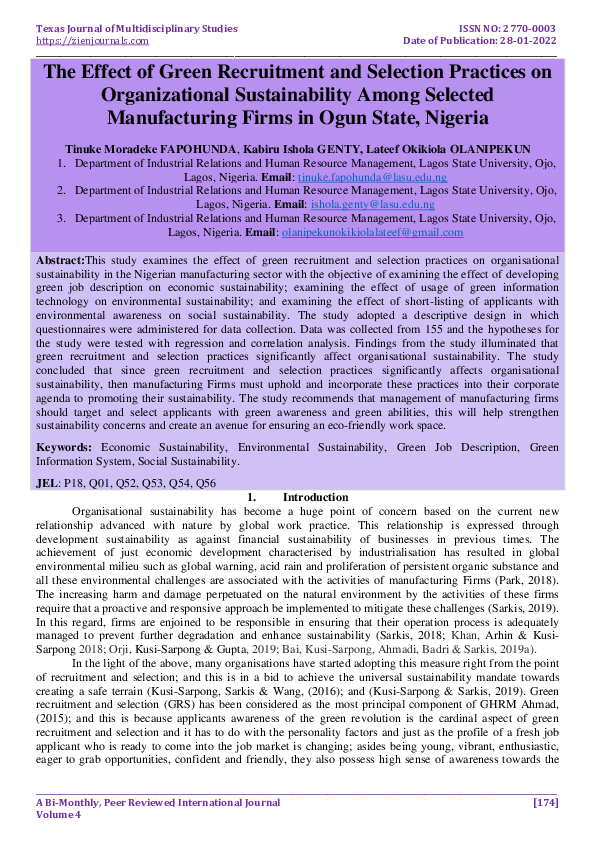 (PDF) The Effect of Green Recruitment and Selection Practices on Organizational Sustainability ...