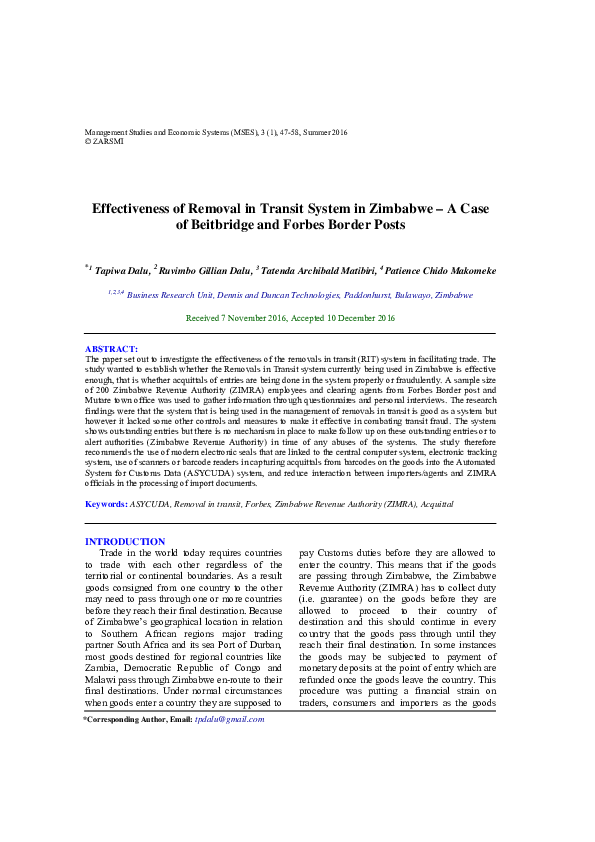 (PDF) Effectiveness of Removal in Transit System in Zimbabwe : A Case ...