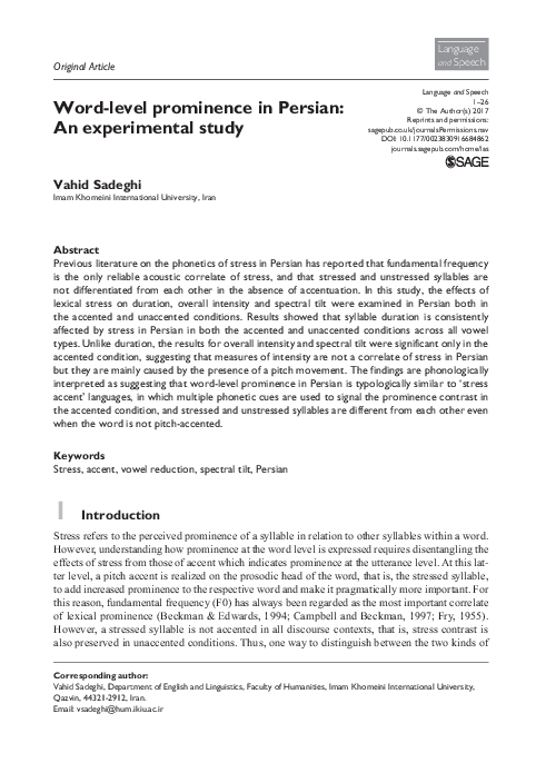(PDF) Word-level prominence in Persian: An experimental study