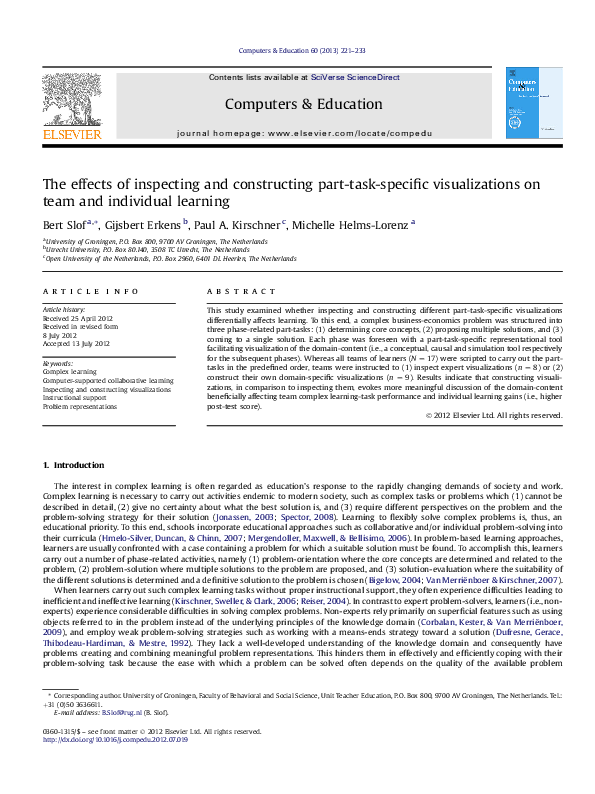 Pdf The Effects Of Inspecting And Constructing Part Task Specific Visualizations On Team And 