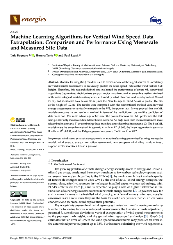 Pdf Machine Learning Algorithms For Vertical Wind Speed Data Extrapolation Comparison And
