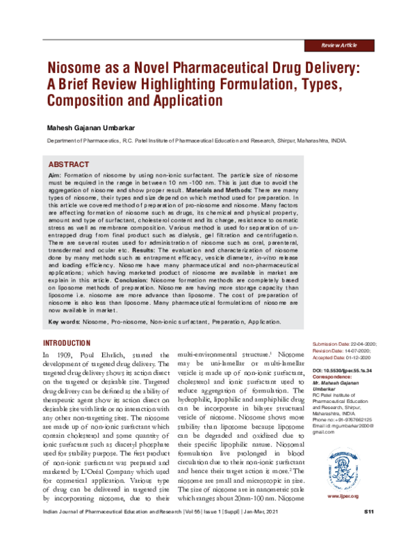 (PDF) Niosome as a Novel Pharmaceutical Drug Delivery: A Brief Review ...