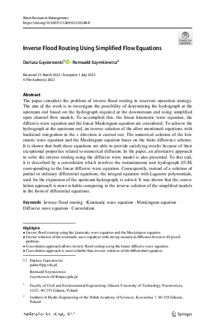 (PDF) Inverse Flood Routing Using Simplified Flow Equations