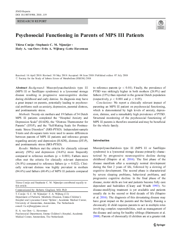 (PDF) Psychosocial Functioning in Parents of MPS III Patients