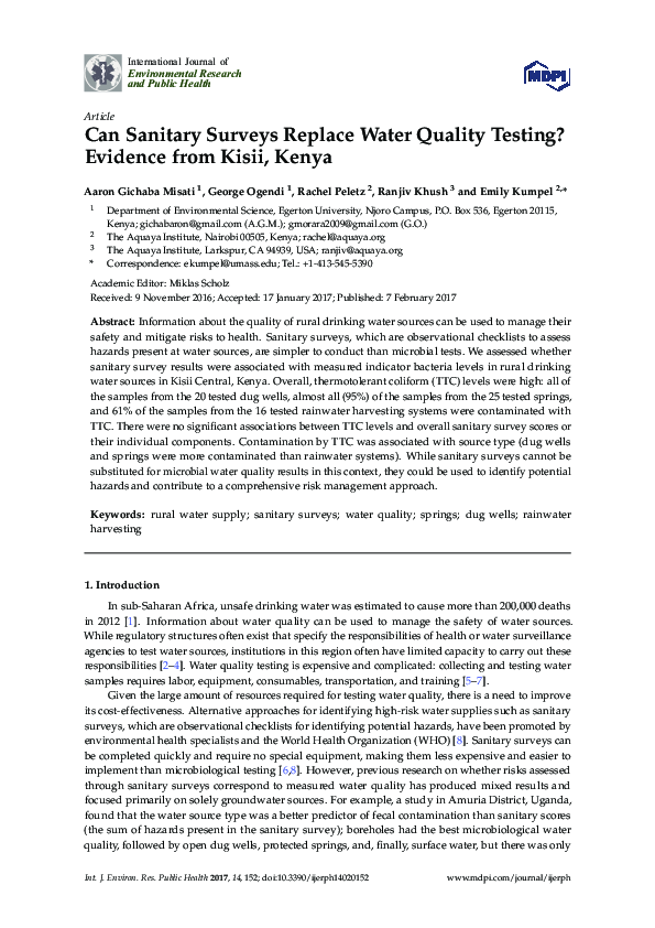 (PDF) Can Sanitary Surveys Replace Water Quality Testing? Evidence from ...