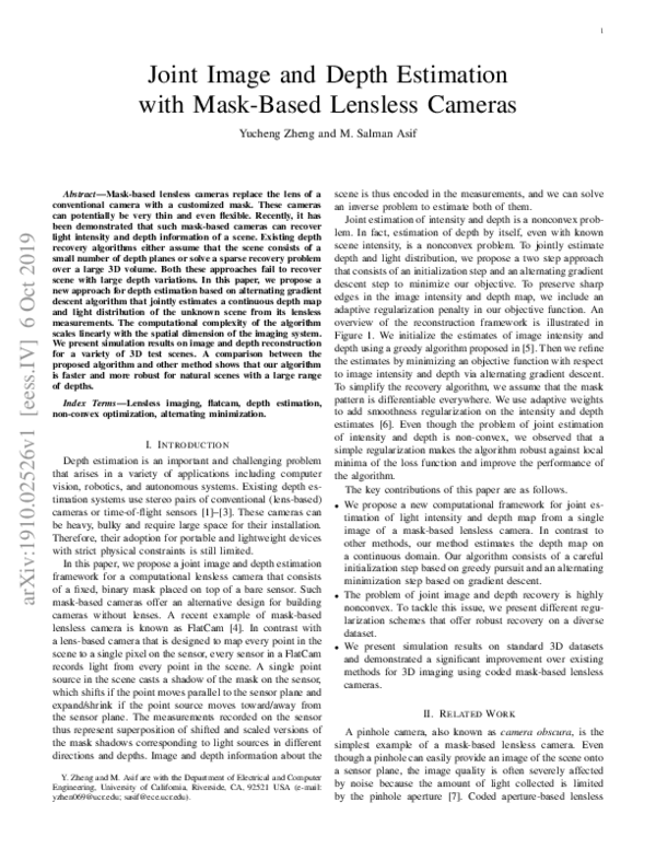 (PDF) Joint Image and Depth Estimation With Mask-Based Lensless Cameras