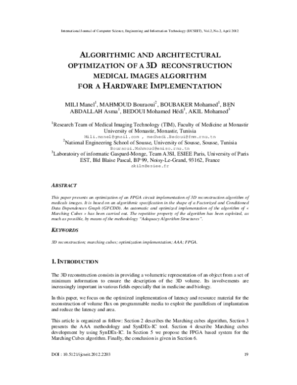 Pdf Algorithmic And Architectural Optimization Of A 3d Reconstruction Medical Images Algorithm