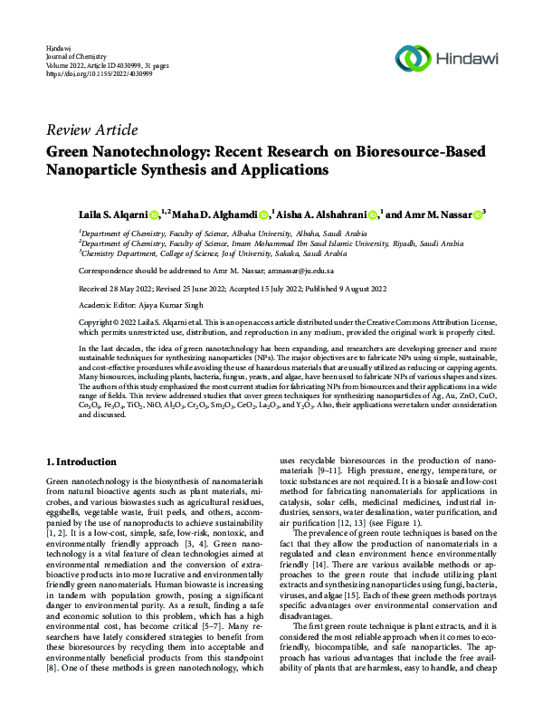 (PDF) Green Nanotechnology: Recent Research on Bioresource-Based Nanoparticle Synthesis and ...