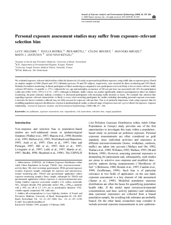 (PDF) Personal exposure assessment studies may suffer from exposure ...