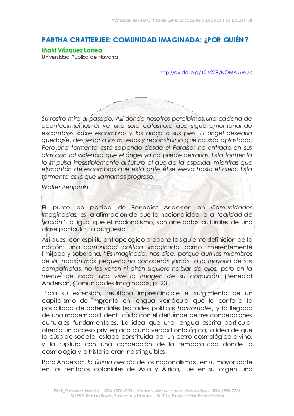 (PDF) Partha Chatterjee: Comunidades Imaginadas; ¿Por quién?