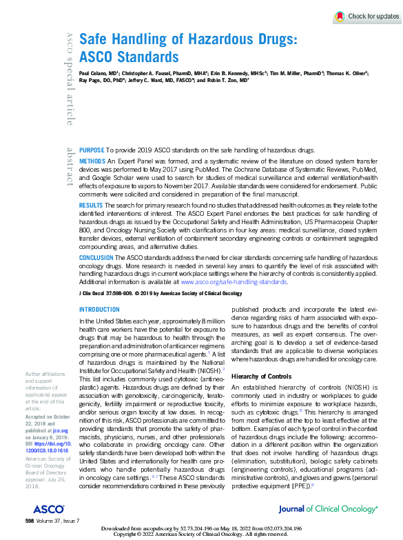 (PDF) Safe Handling of Hazardous Drugs: ASCO Standards