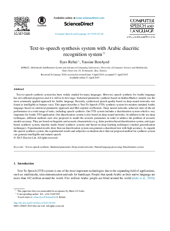 Pdf Text To Speech Synthesis System With Arabic Diacritic Recognition System