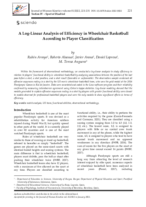 Pdf A Log Linear Analysis Of Efficiency In Wheelchair Basketball According To Player