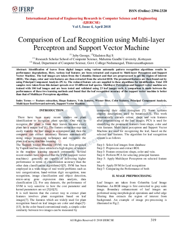 (PDF) Comparison of Leaf Recognition using Multi-layer Perceptron and Support Vector Machine