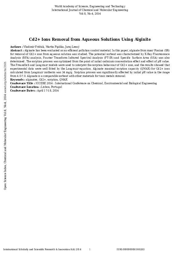 (PDF) Cd2+ Ions Removal From Aqueous Solutions Using Alginite