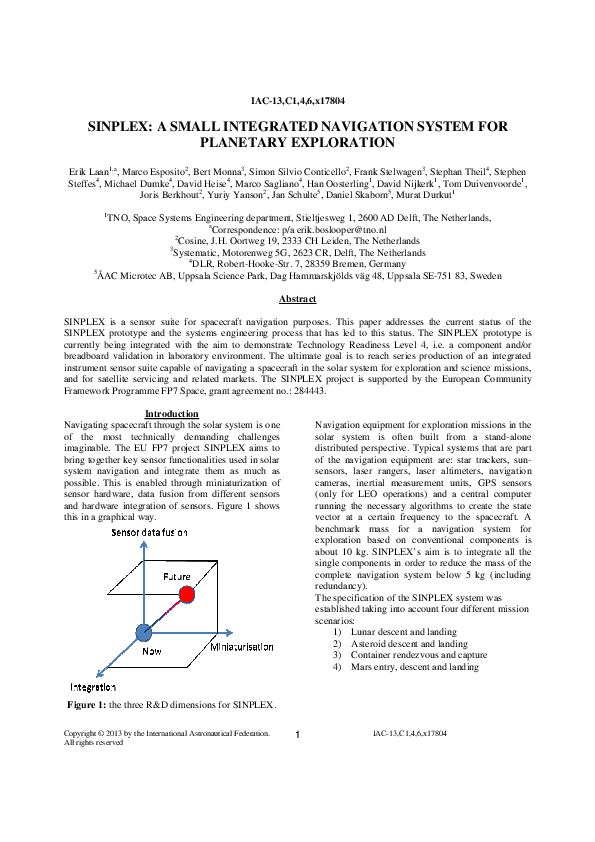 (PDF) Sinplex: a small integrated navigation system for planetary ...