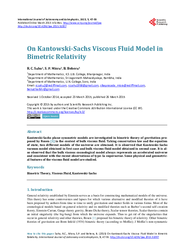 Pdf On Kantowski Sachs Viscous Fluid Model In Bimetric Relativity