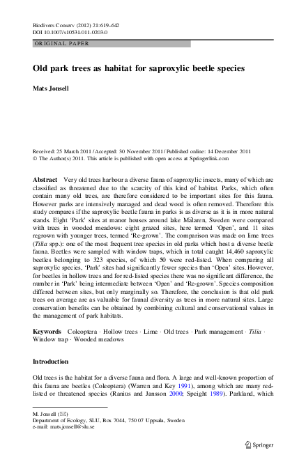 (PDF) Old park trees as habitat for saproxylic beetle species