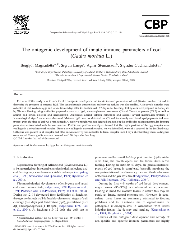 (PDF) The ontogenic development of innate immune parameters of cod (Gadus morhua L.)