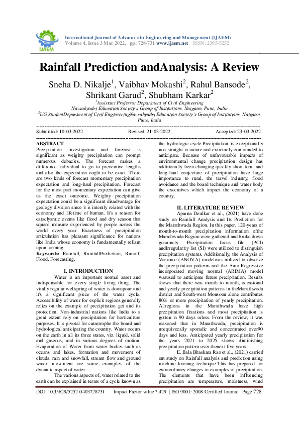 Pdf Rainfall Prediction Andanalysis A Review Rainfall Analysis And Prediction Using Machine