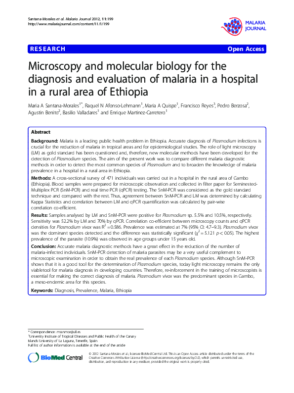 (PDF) Microscopy and molecular biology for the diagnosis and evaluation of malaria in a hospital ...