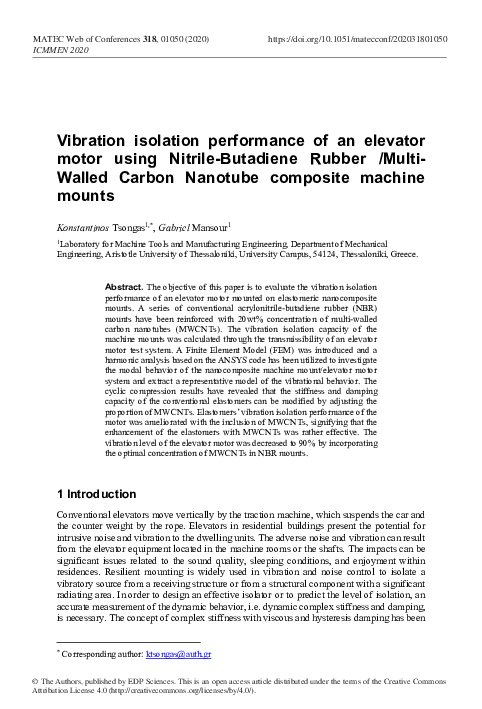 Pdf Vibration Isolation Performance Of An Elevator Motor Using Nitrile Butadiene Rubber Multi