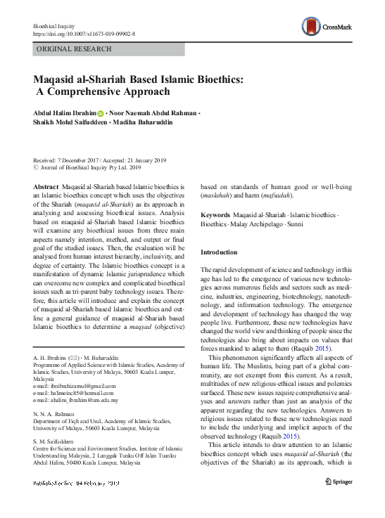 (PDF) Maqasid al-Shariah Based Islamic Bioethics: A Comprehensive Approach