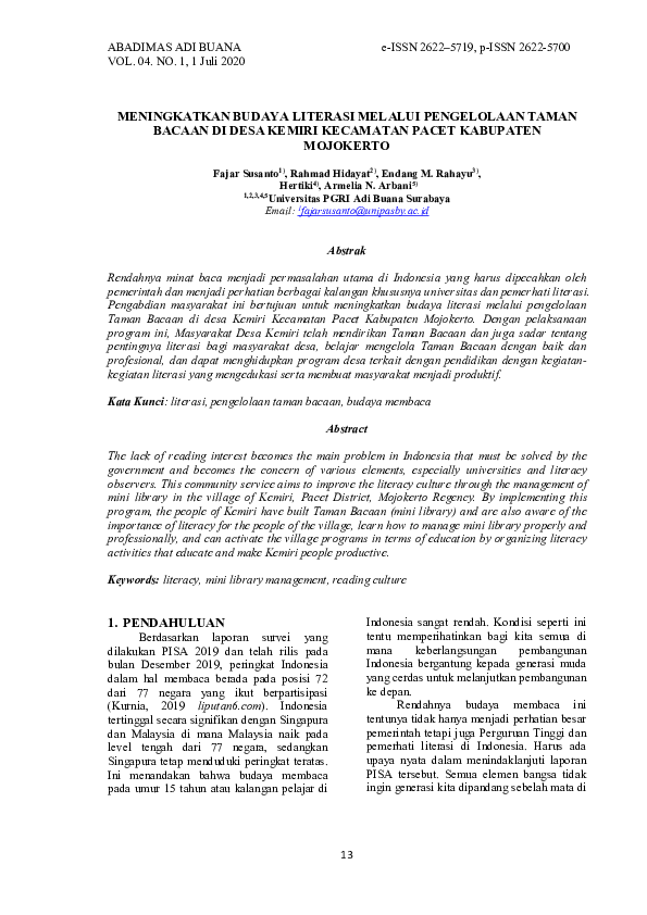 (PDF) Meningkatkan Budaya Literasi Melalui Pengelolaan Taman Bacaan DI Desa Kemiri Kecamatan ...