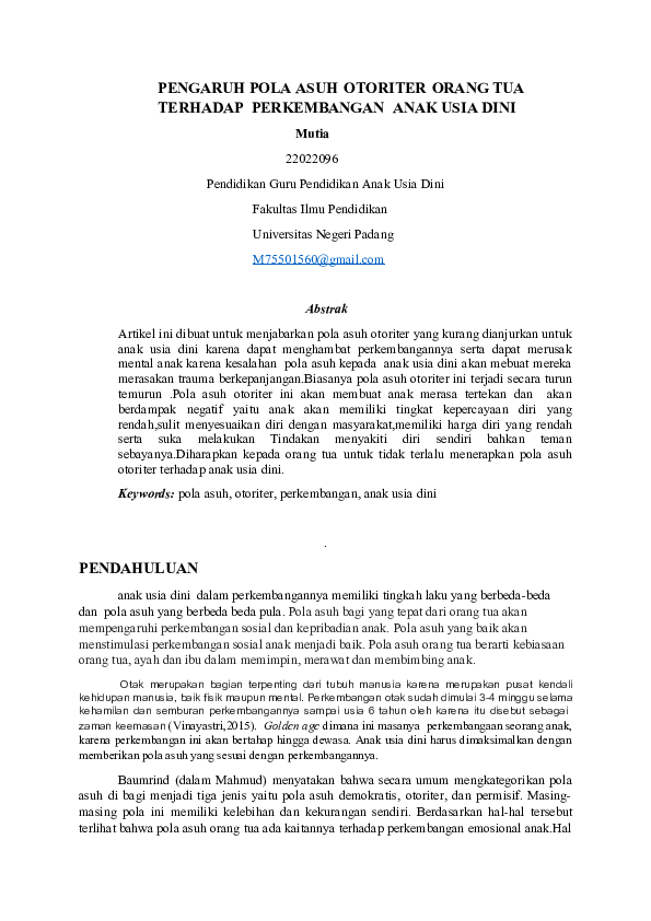 (DOC) PENGARUH POLA ASUH OTORITER ORANG TUA TERHADAP PERKEMBANGAN ANAK USIA DINI Mutia