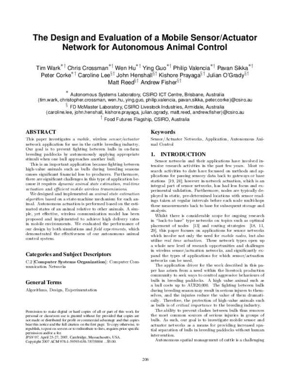 (PDF) The Design and Evaluation of a Mobile Sensor/Actuator Network for Autonomous Animal Control