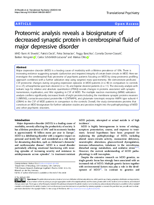 (PDF) Proteomic analysis reveals a biosignature of decreased synaptic protein in cerebrospinal ...