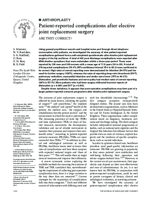 (PDF) Patient-reported complications after elective joint replacement ...