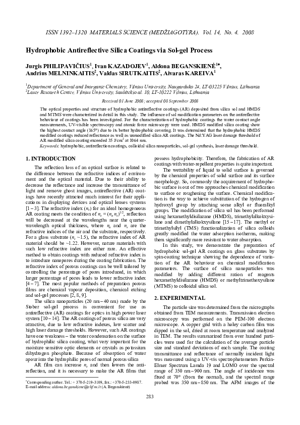 (PDF) Hydrophobic Antireflective Silica Coatings via Sol-gel Process