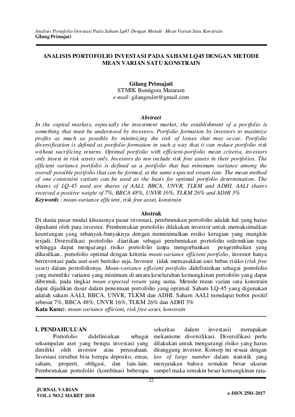 Pdf Analisis Portofolio Investasi Pada Saham Lq45 Dengan Metode Mean Varian Satu Konstrain