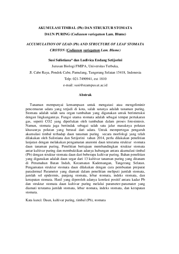 (PDF) Akumulasi Timbal (PB) Dan Struktur Stomata Daun Puring (Codiaeum ...