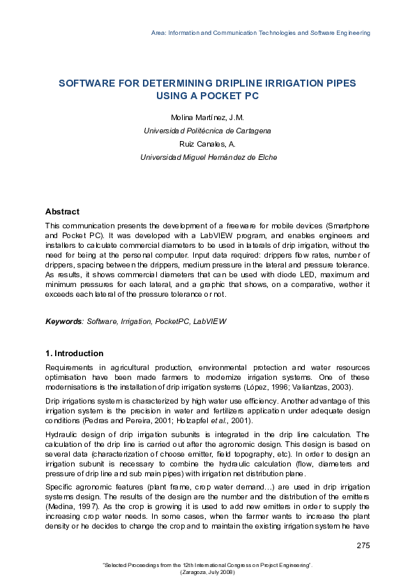 (PDF) Software for determining dripline irrigation pipes using a Pocket PC | Antonio RUIZ ...