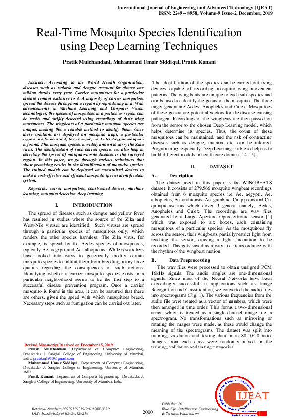 Pdf Real Time Mosquito Species Identification Using Deep Learning Techniques Pratik Kanani