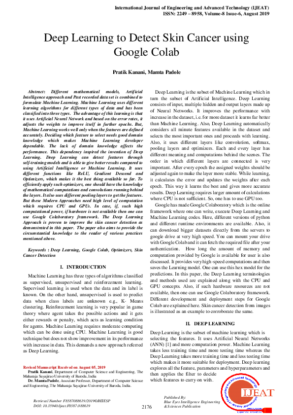 (PDF) Deep Learning to Detect Skin Cancer using Google Colab
