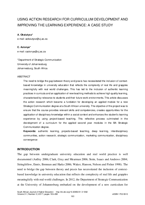 (PDF) Using action research for curriculum development and improving the learning experience: A ...