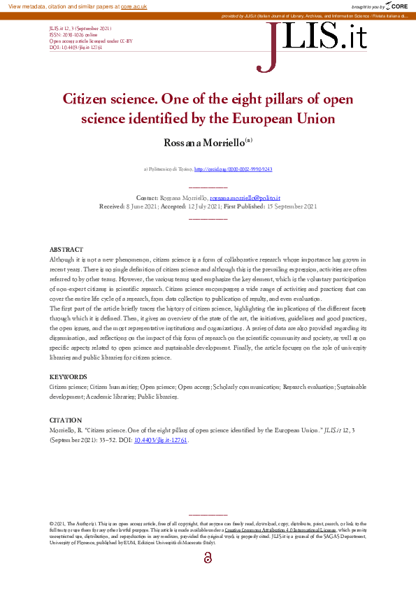 (PDF) Citizen science. One of the eight pillars of open science ...