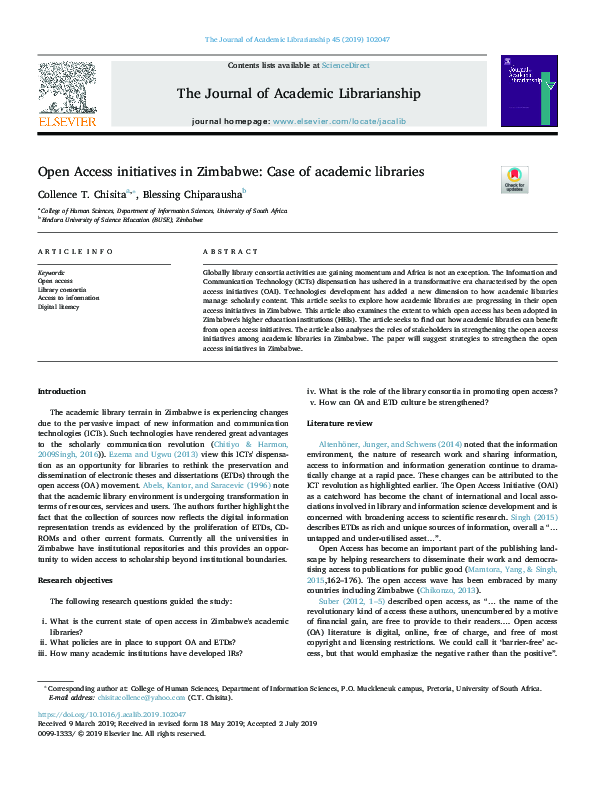(PDF) Open Access initiatives in Zimbabwe: Case of academic libraries