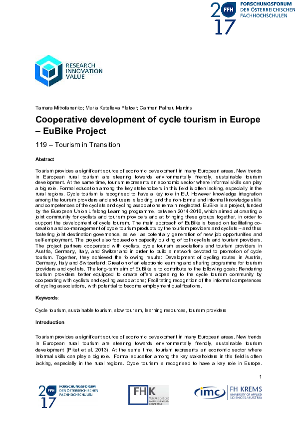 (PDF) Cooperative development of cycle tourism in Europe - EuBike Project