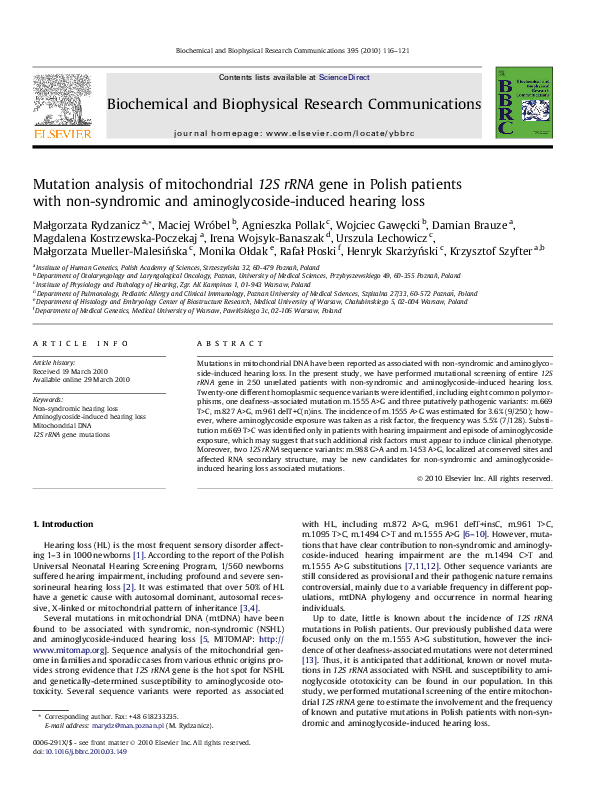 (PDF) Mitochondrial 12S rRNA Mutations in Hearing Loss