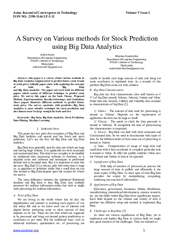 Pdf A Survey On Various Methods For Stock Prediction Using Big Data