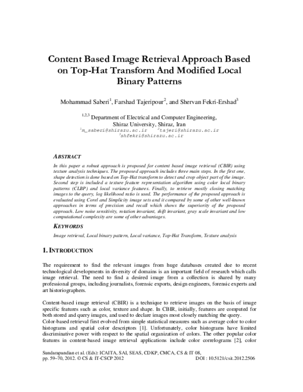 (PDF) Content Based Image Retrieval Approach Based on Top-Hat Transform And Modified Local ...