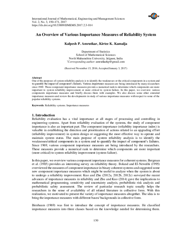(PDF) Overview of Reliability Importance Measures