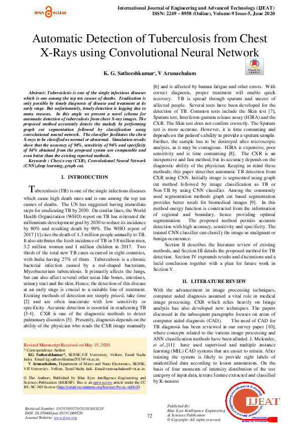 Pdf Automatic Detection Of Tuberculosis From Chest X Rays Using Convolutional Neural Network