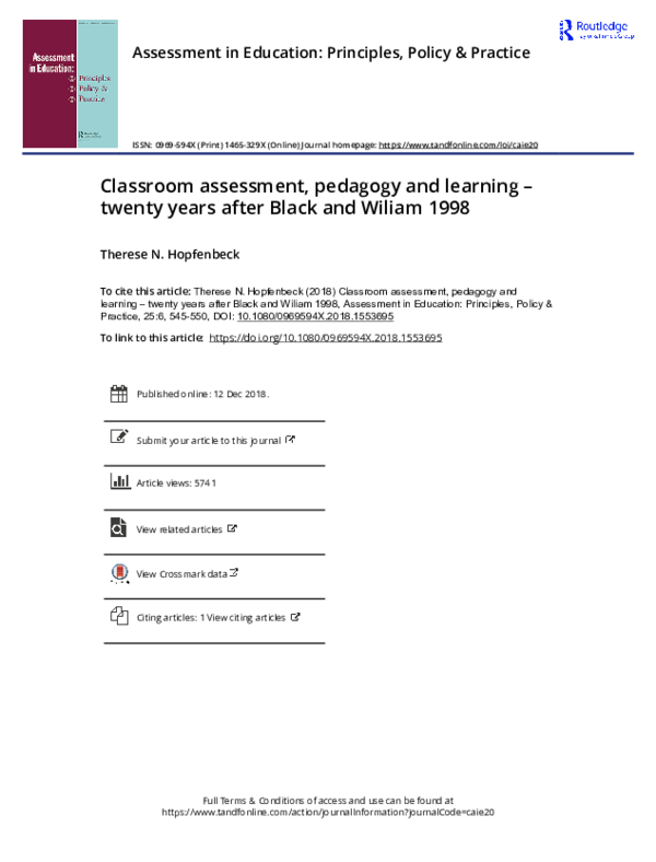(PDF) Classroom assessment, pedagogy and learning – twenty years after ...